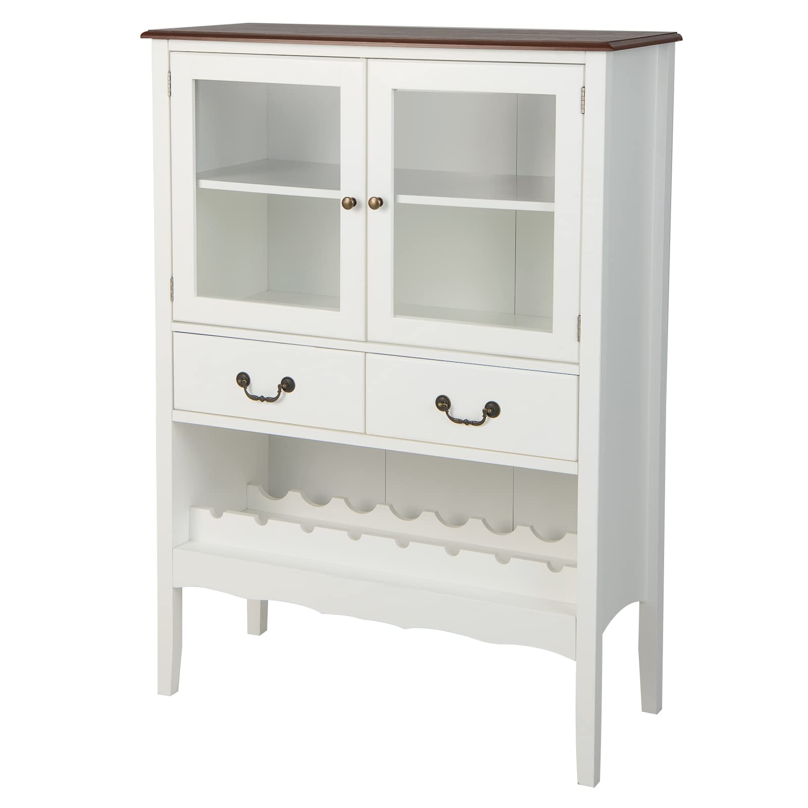 Giantex Wine Cabinet with Storage, Standing Buffet Sideboard with 2 Drawers, 2 Tempered Glass Doors, Open Wine Rack, Anti-toppling Assembly, Coffee Bar Station for Living Room, White & Vermilion