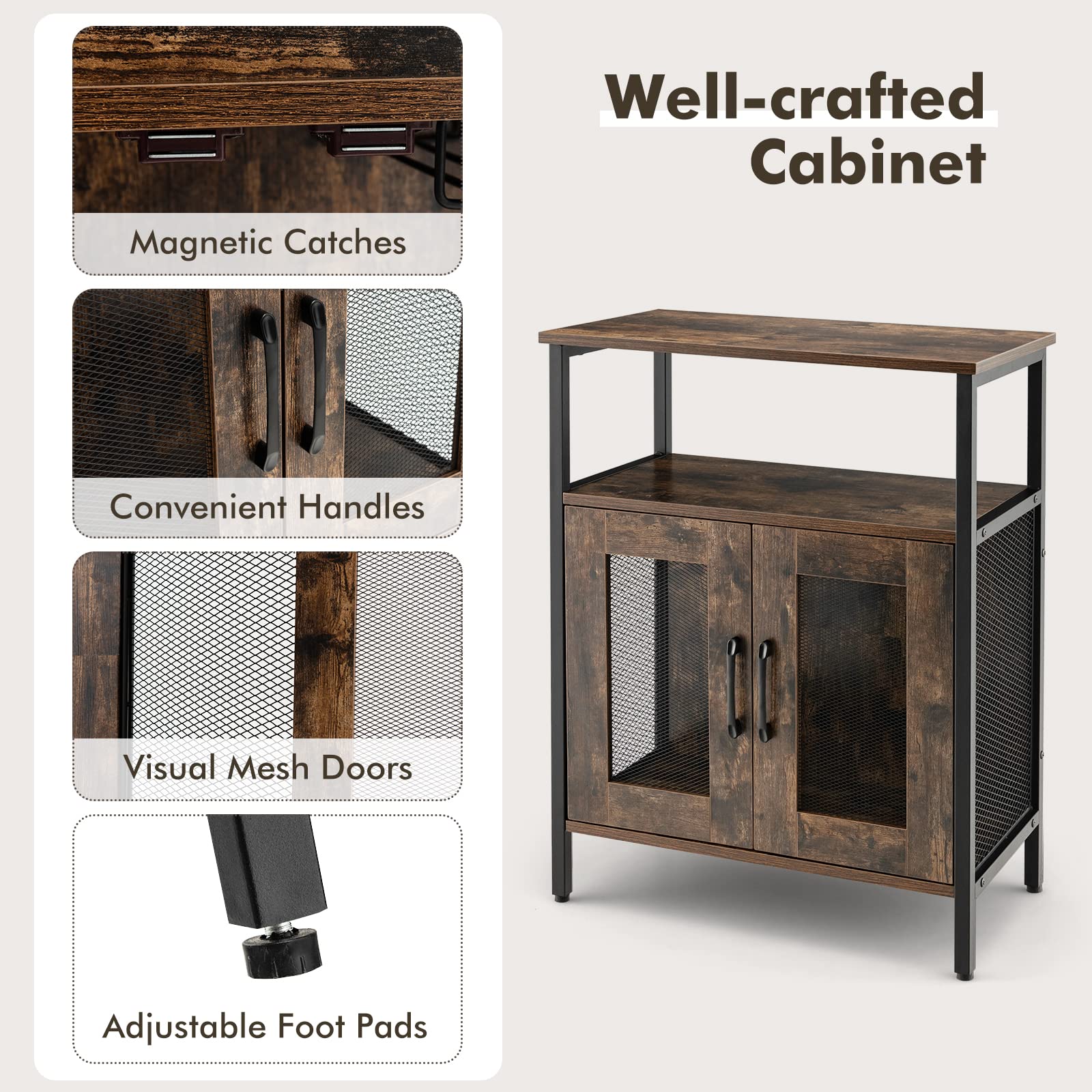PETSITE Wine Bar Cabinet, Home Liquor Cabinet with Removable Wine Rack and Glass Holder, Coffee Bar Cabinet with Storage, Industrial Sideboard Buffet Cabinet with Mesh Doors for Kitchen