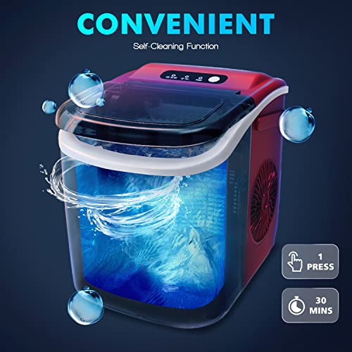 Ice Maker Countertop 9 ice Cubes Ready in 6 Mins with Handle, Portable Ice Machine with ice Scoop and Basket Self-Cleaning Ice Makers, Up to 26 lbs for Home Kitchen Office Bar Party(RED