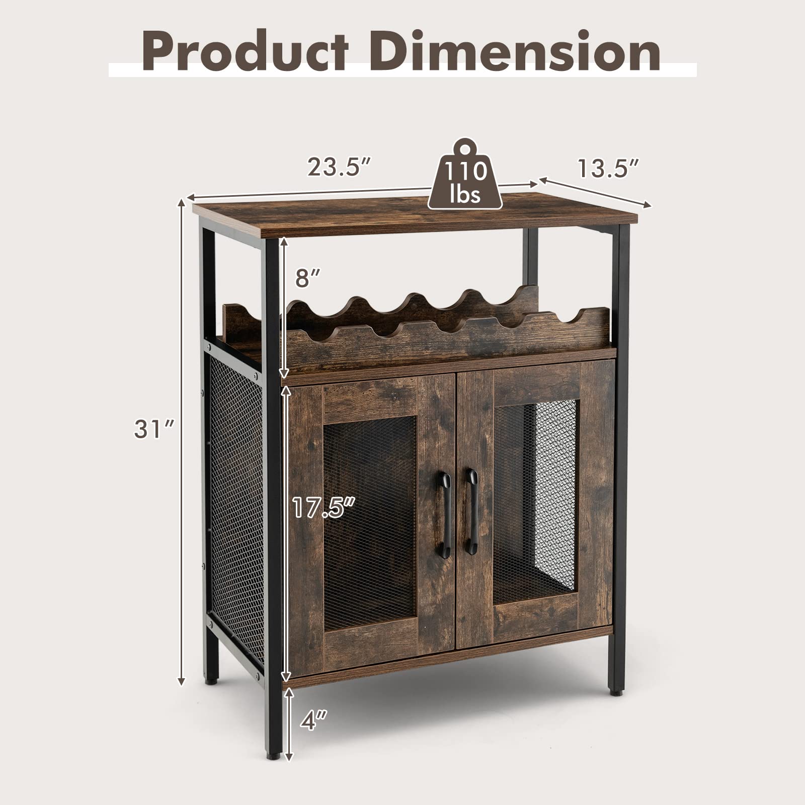 PETSITE Wine Bar Cabinet, Home Liquor Cabinet with Removable Wine Rack and Glass Holder, Coffee Bar Cabinet with Storage, Industrial Sideboard Buffet Cabinet with Mesh Doors for Kitchen