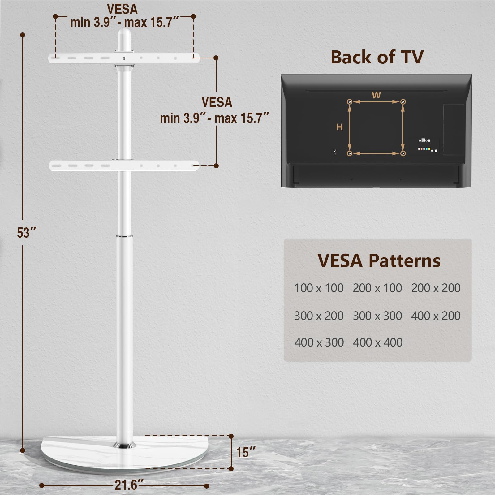 Universal Corner TV Floor Stand with Swivel Mount for 32-65 inch LED LCD Plasma Flat Panel or Curved Screen TVs, Mid Century Modern TV Stand with Height Adjustable and Semi Circular Glass Base, White