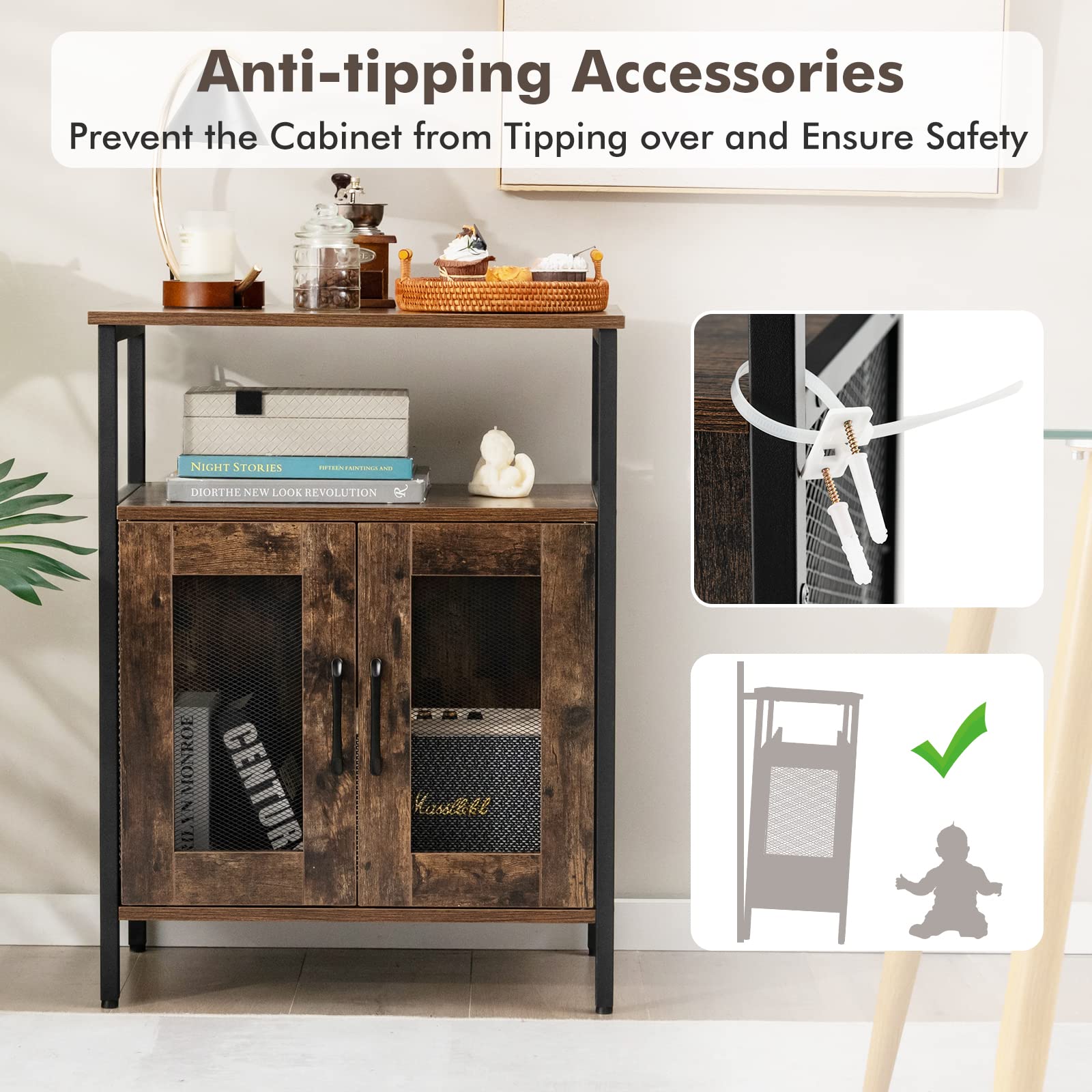 PETSITE Wine Bar Cabinet, Home Liquor Cabinet with Removable Wine Rack and Glass Holder, Coffee Bar Cabinet with Storage, Industrial Sideboard Buffet Cabinet with Mesh Doors for Kitchen