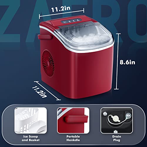Ice Maker Countertop 9 ice Cubes Ready in 6 Mins with Handle, Portable Ice Machine with ice Scoop and Basket Self-Cleaning Ice Makers, Up to 26 lbs for Home Kitchen Office Bar Party(RED