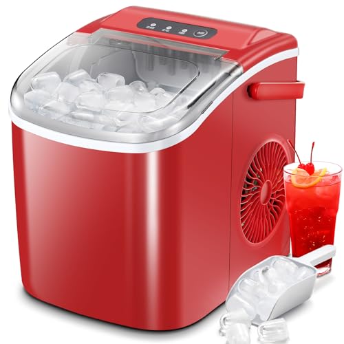 Ice Maker Countertop 9 ice Cubes Ready in 6 Mins with Handle, Portable Ice Machine with ice Scoop and Basket Self-Cleaning Ice Makers, Up to 26 lbs for Home Kitchen Office Bar Party(RED