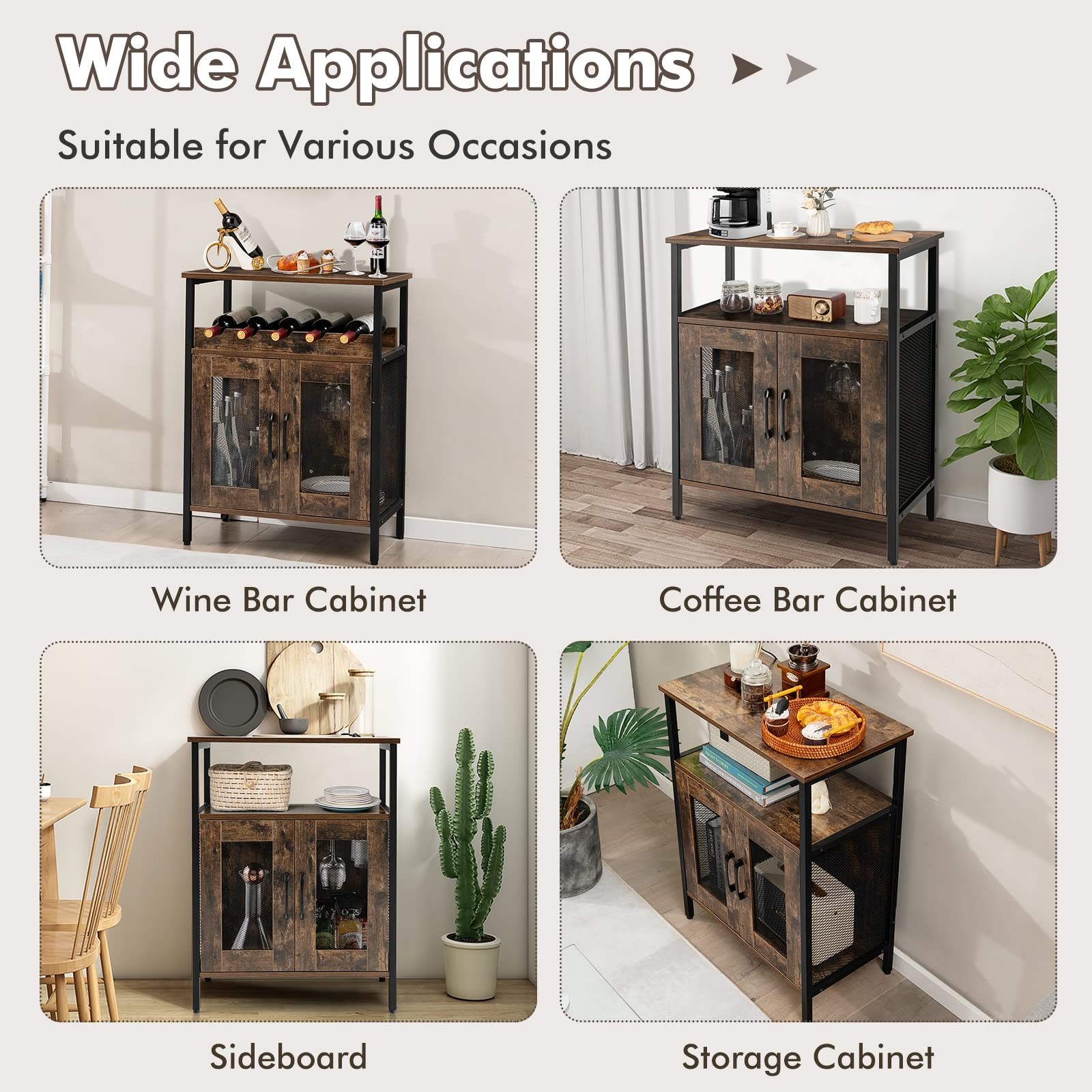 PETSITE Wine Bar Cabinet, Home Liquor Cabinet with Removable Wine Rack and Glass Holder, Coffee Bar Cabinet with Storage, Industrial Sideboard Buffet Cabinet with Mesh Doors for Kitchen