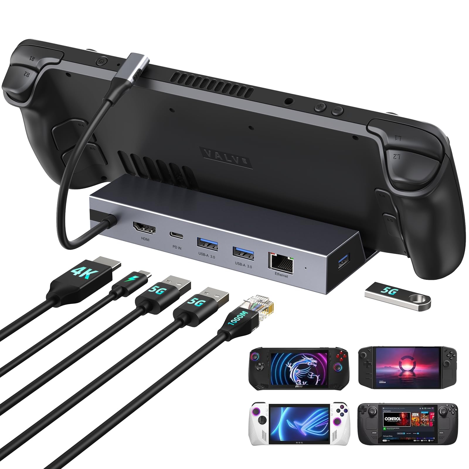 Steam Deck Dock 4K 60Hz, 6-in-1 Docking Station Compatible with Lenovo Legion Go, Steam Deck OLED, ASUS ROG Alloy, Steam Deck Accessories with 3 USB-A 3.0, 100W PD, 1000M RJ45, Aluminum Alloy Shell