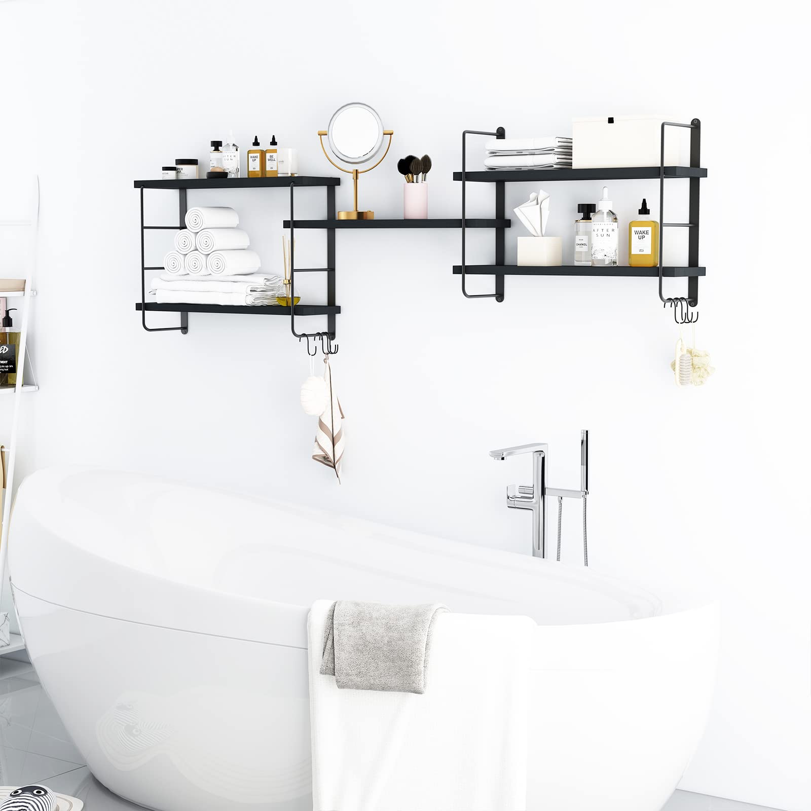MXCSE Wall Mounted Floating Shelves, Wall Shelves, Rustic Wall Decor Wood Shelves for Bedroom, Living Room, Bathroom and Kitchen Storage, Easy Installation (5, Black)