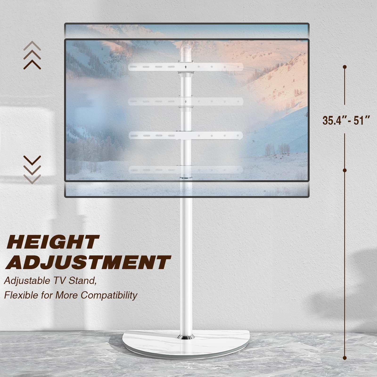 Universal Corner TV Floor Stand with Swivel Mount for 32-65 inch LED LCD Plasma Flat Panel or Curved Screen TVs, Mid Century Modern TV Stand with Height Adjustable and Semi Circular Glass Base, White