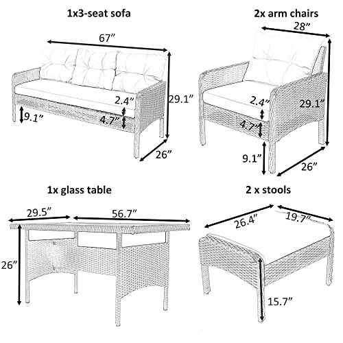 GODAFA 6-Piece Outdoor Patio Furnitures Set, PE Rattan Sofa with Removable Tempered Glass Tea Table for Backyard, Poolside, Deck, Blue, Brown Wicker,Light Coffee Cushion