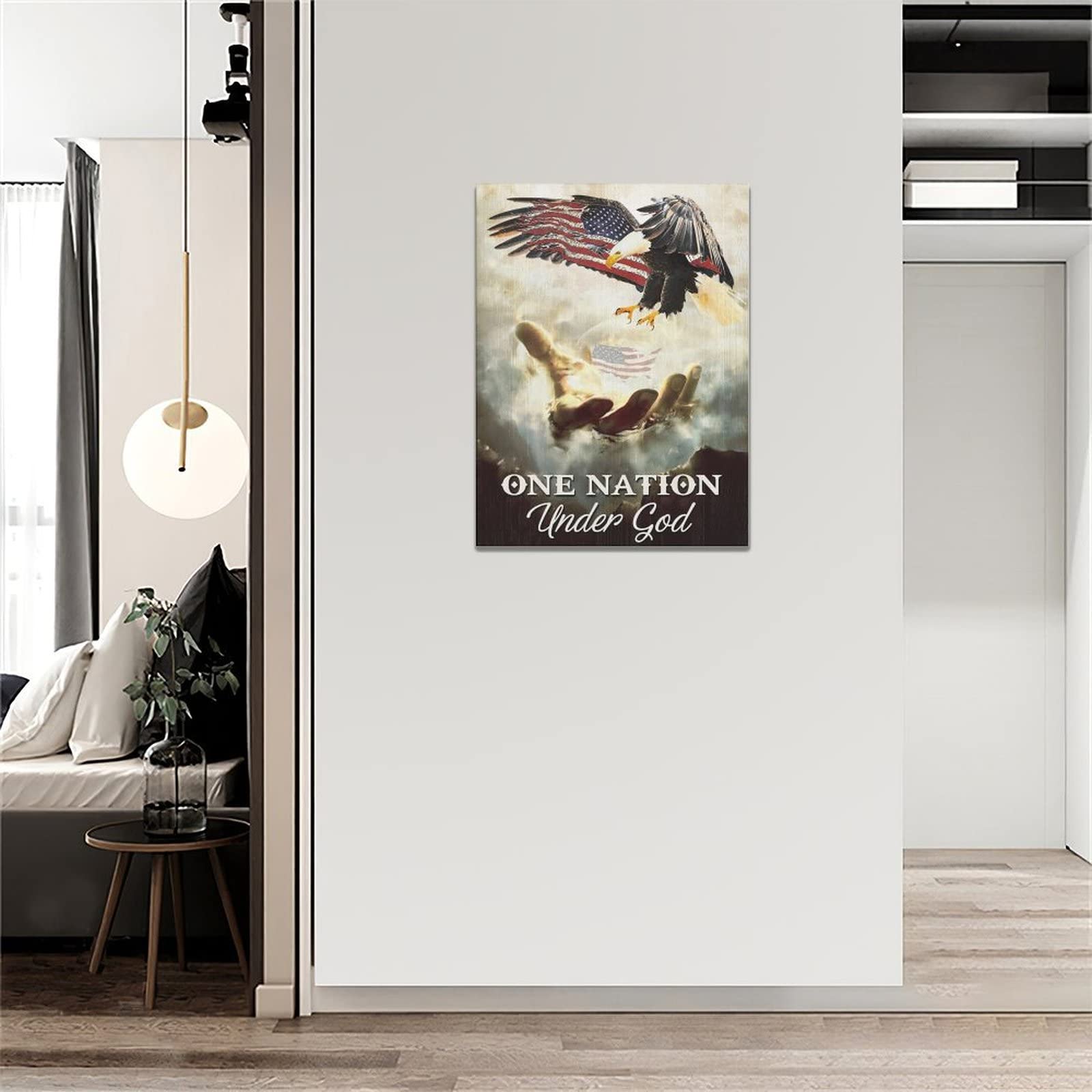 Yudchen Bald Eagle Wall Art American Flag Pictures Wall Decor Rustic Christian Eagle Canvas Prints Painting Home Decor Patriotic Framed Artwork for Living Room Bedroom Office Ready to Hang 12''x16''