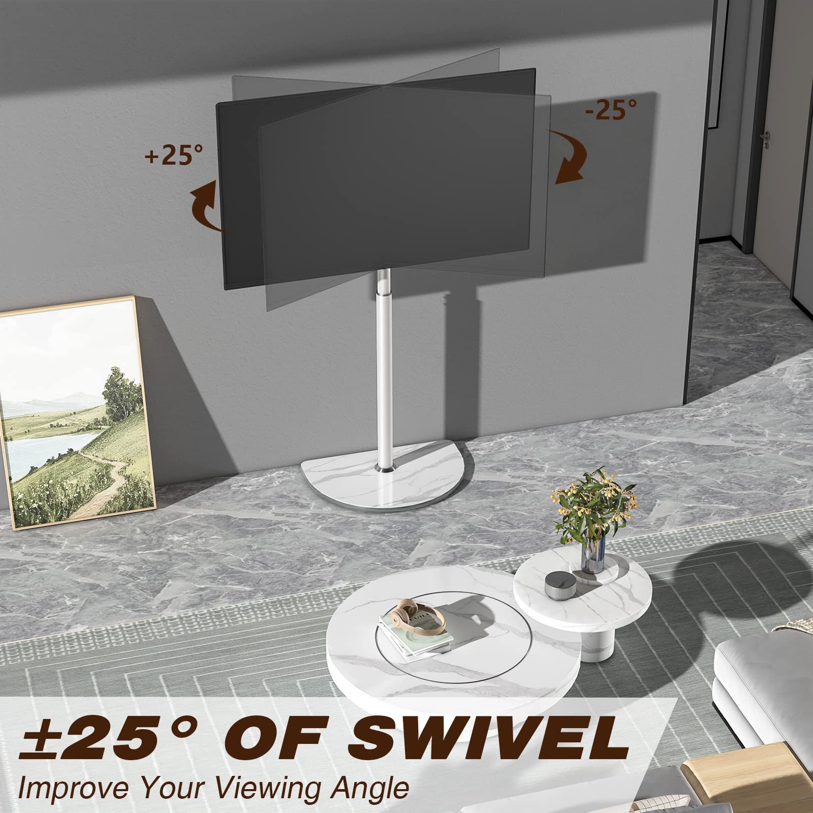 Universal Corner TV Floor Stand with Swivel Mount for 32-65 inch LED LCD Plasma Flat Panel or Curved Screen TVs, Mid Century Modern TV Stand with Height Adjustable and Semi Circular Glass Base, White