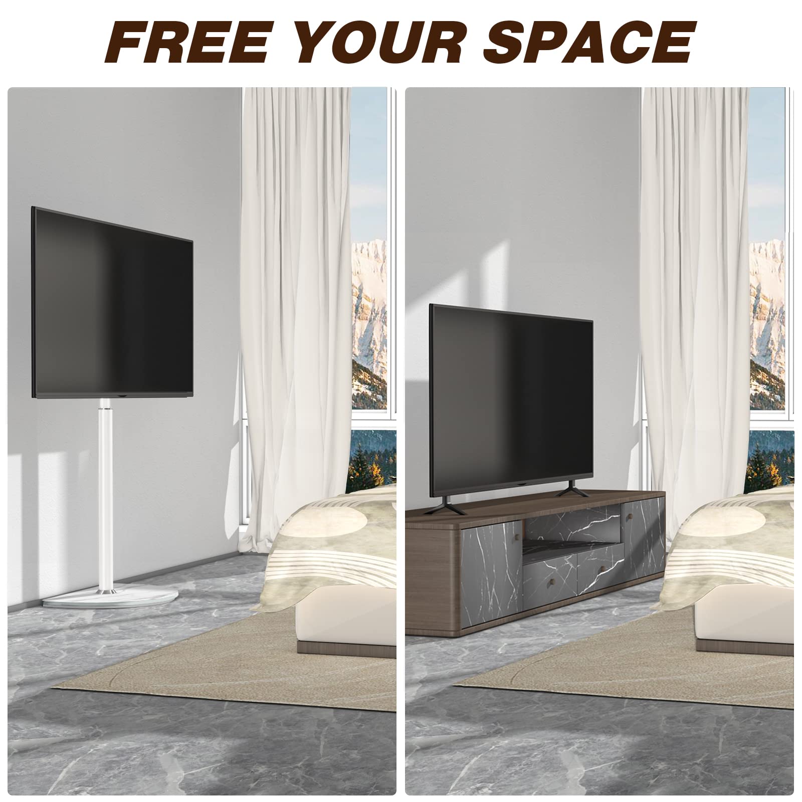 Universal Corner TV Floor Stand with Swivel Mount for 32-65 inch LED LCD Plasma Flat Panel or Curved Screen TVs, Mid Century Modern TV Stand with Height Adjustable and Semi Circular Glass Base, White