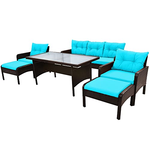 GODAFA 6-Piece Outdoor Patio Furnitures Set, PE Rattan Sofa with Removable Tempered Glass Tea Table for Backyard, Poolside, Deck, Blue, Brown Wicker,Light Coffee Cushion