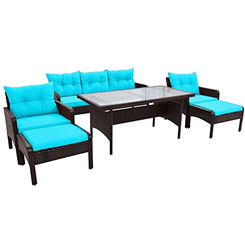 GODAFA 6-Piece Outdoor Patio Furnitures Set, PE Rattan Sofa with Removable Tempered Glass Tea Table for Backyard, Poolside, Deck, Blue, Brown Wicker,Light Coffee Cushion
