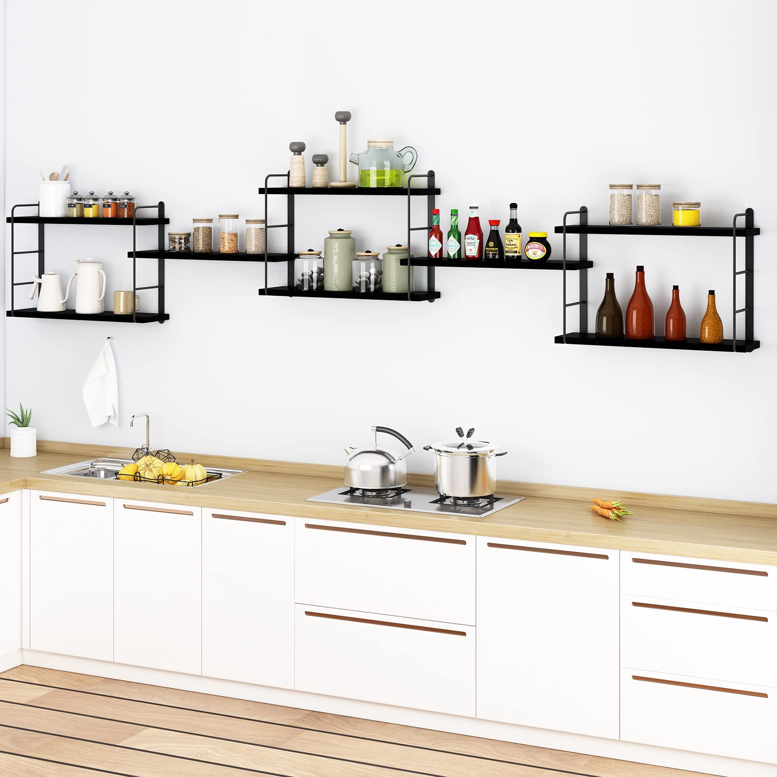 MXCSE Wall Mounted Floating Shelves, Wall Shelves, Rustic Wall Decor Wood Shelves for Bedroom, Living Room, Bathroom and Kitchen Storage, Easy Installation (5, Black)