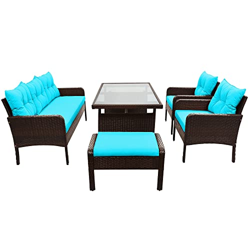 GODAFA 6-Piece Outdoor Patio Furnitures Set, PE Rattan Sofa with Removable Tempered Glass Tea Table for Backyard, Poolside, Deck, Blue, Brown Wicker,Light Coffee Cushion