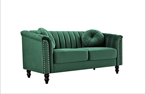 Container Furniture Direct Tufted Velvet Sofa with Removable Cushions and Turned Wood Legs, Elegant Living Room Furniture for The Modern Home, 61.4 Inch Loveseat, Green
