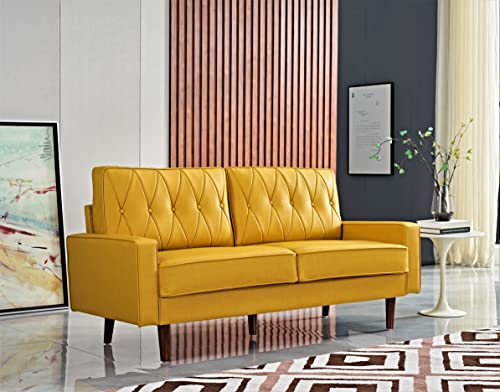 Container Furniture Direct Modern Style Faux Leather Sofa with Elegant Round Tapered Legs and Button Tufted Backrest Perfect for Living Room, Bedroom or Home Office, 69.3ββ Wide, Musterd Yellow