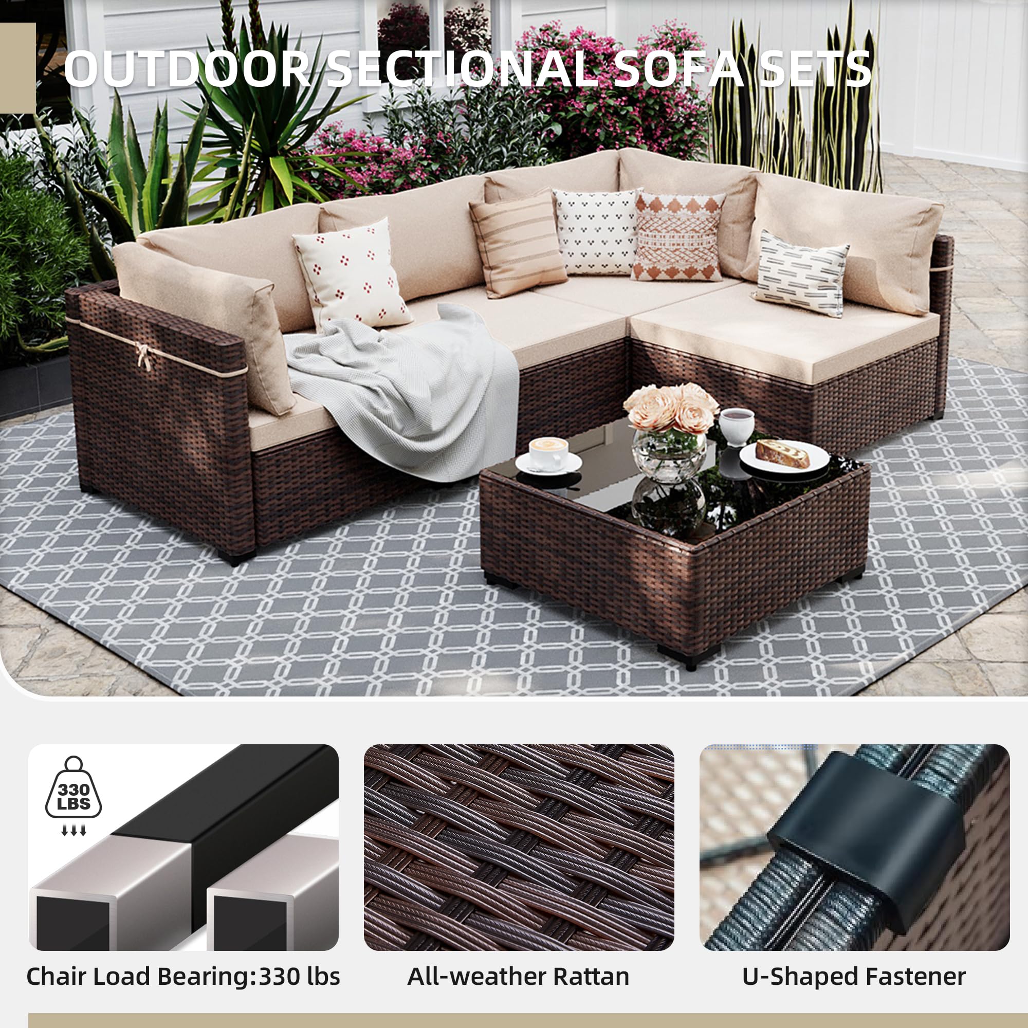 UPHA 5 Pieces Patio Furniture Sets Outdoor Sectional Sofa Wicker Conversation Couch for Decks, Backyards, Gardens, Brown Rattan, Beige Cushion