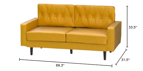 Container Furniture Direct Modern Style Faux Leather Sofa with Elegant Round Tapered Legs and Button Tufted Backrest Perfect for Living Room, Bedroom or Home Office, 69.3ββ Wide, Musterd Yellow