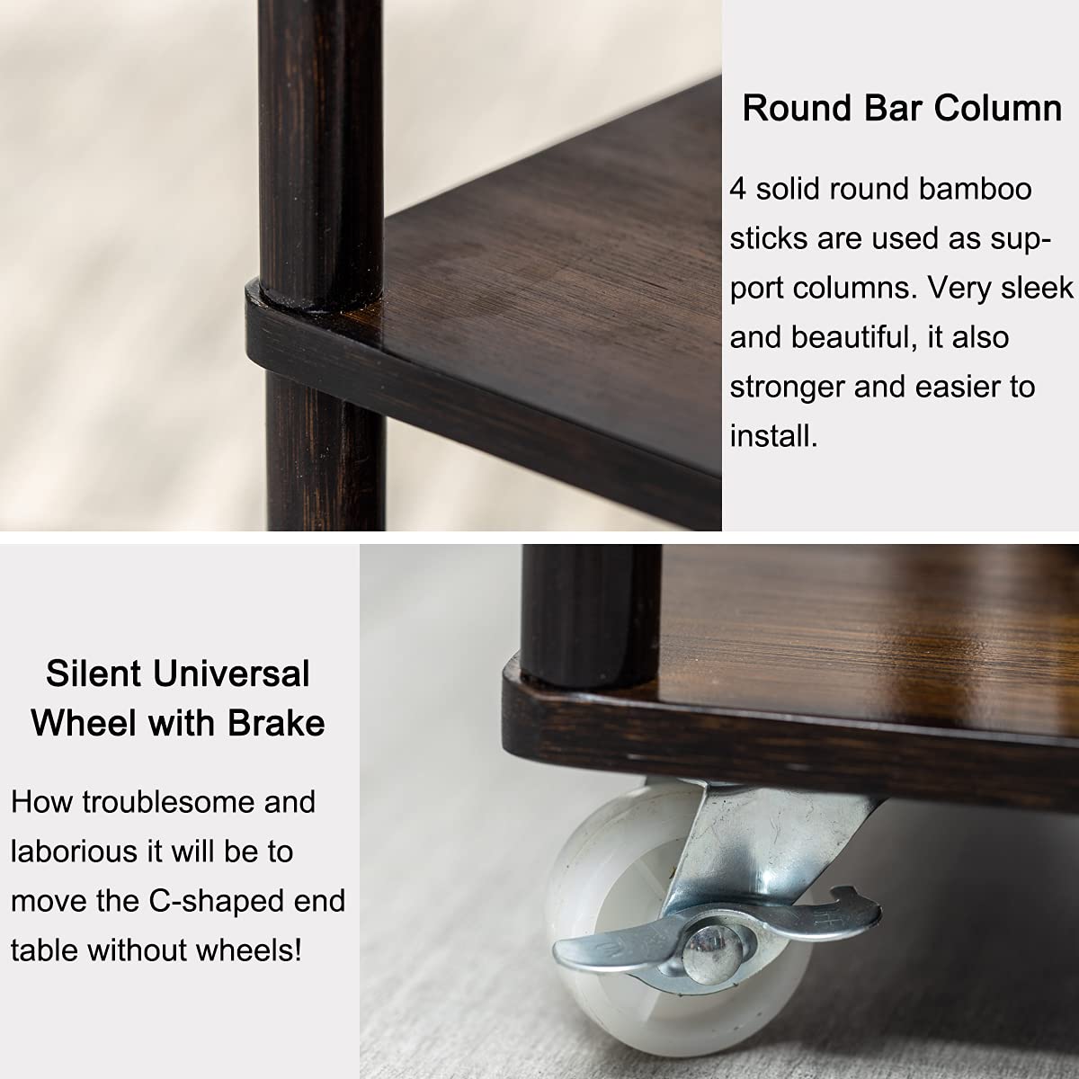 Bamboo Rolling Nightstand End Table - 3-Tier Side Table with Modern Design for Home, Bedroom, Office, and Dorm - Versatile Bedside Furniture and Accent End Table Chest