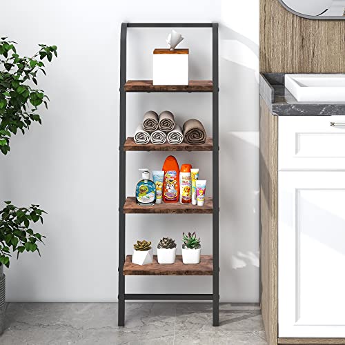 VERFARM 4-Tier Modern Ladder Shelf, Open Wall-Mounted Bookshelf with Stable Metal Frame, Storage Rack Shelves, Stand Bookcase for Home Office, Bedroom and Living Room, Black, Rustic Brown