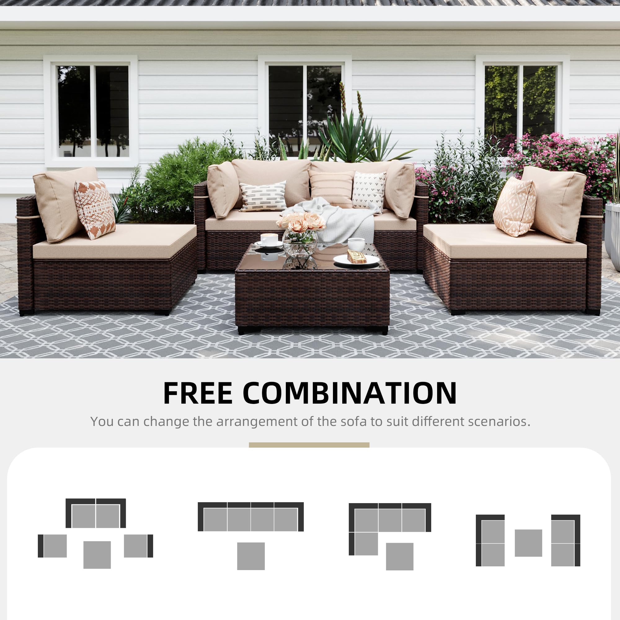 UPHA 5 Pieces Patio Furniture Sets Outdoor Sectional Sofa Wicker Conversation Couch for Decks, Backyards, Gardens, Brown Rattan, Beige Cushion