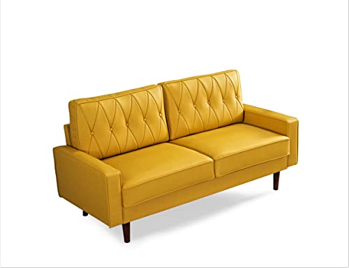 Container Furniture Direct Modern Style Faux Leather Sofa with Elegant Round Tapered Legs and Button Tufted Backrest Perfect for Living Room, Bedroom or Home Office, 69.3ββ Wide, Musterd Yellow