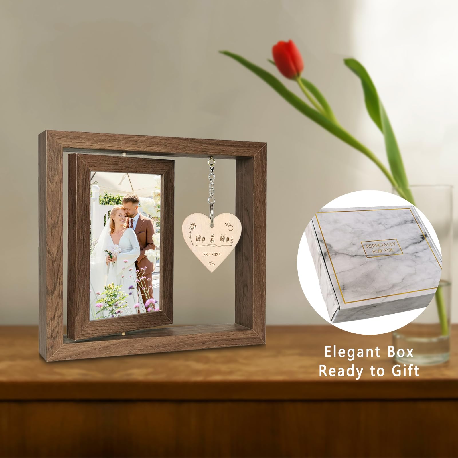EYITUPC Rotating Floating Mr and Mrs EST 2025 Picture Frame, Wedding Gifts Bridal Shower Gifts Engagement Gifts for Newlywed Couples
