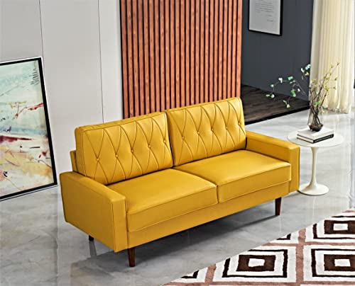 Container Furniture Direct Modern Style Faux Leather Sofa with Elegant Round Tapered Legs and Button Tufted Backrest Perfect for Living Room, Bedroom or Home Office, 69.3ββ Wide, Musterd Yellow