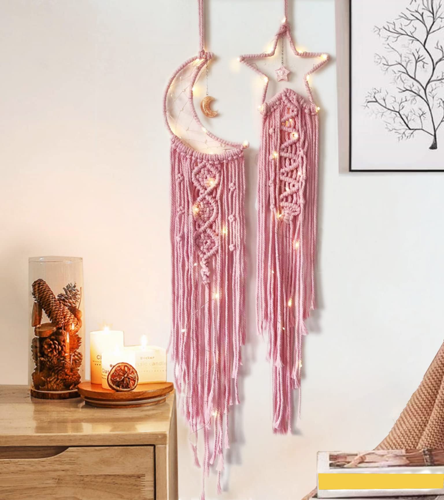 Dream Catchers Star Moon Dream Catcher Pink Room Decor, Macrame Dream Catcher Girls Teenager Bedroom Wall Decor,Boho Dream Catcher Girls Room Decor Teen Girl Gifts for Women Birthday Gifts Mother Day
