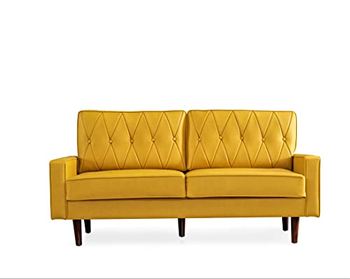 Container Furniture Direct Modern Style Faux Leather Sofa with Elegant Round Tapered Legs and Button Tufted Backrest Perfect for Living Room, Bedroom or Home Office, 69.3ββ Wide, Musterd Yellow