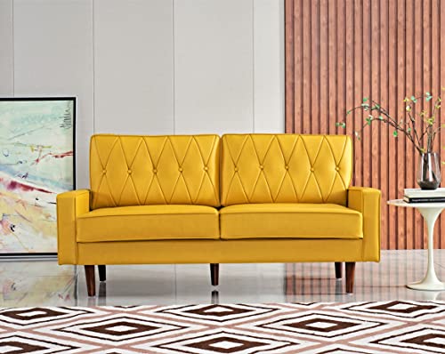 Container Furniture Direct Modern Style Faux Leather Sofa with Elegant Round Tapered Legs and Button Tufted Backrest Perfect for Living Room, Bedroom or Home Office, 69.3ββ Wide, Musterd Yellow