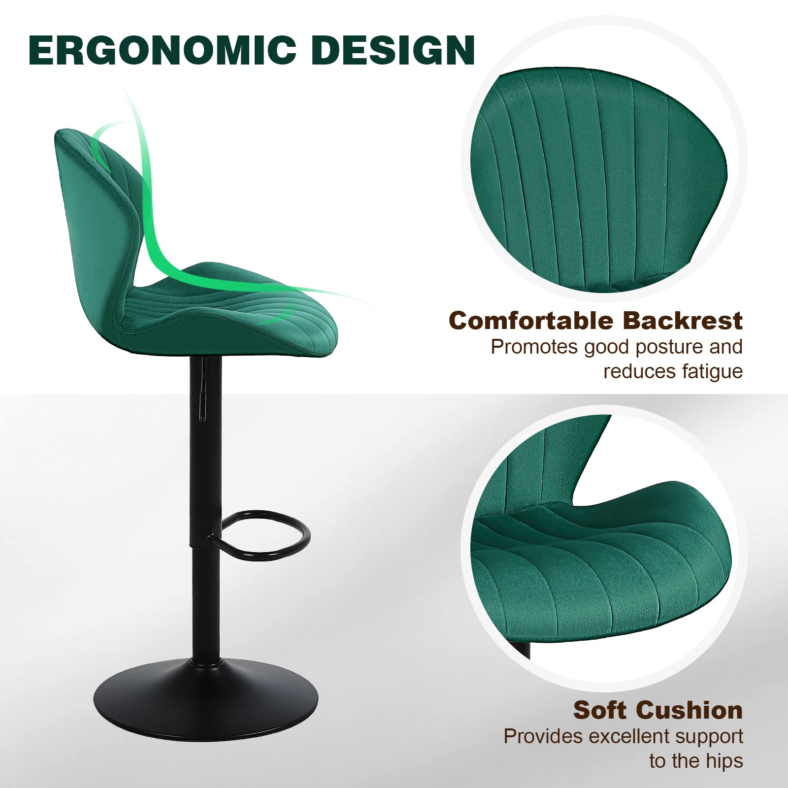 Youhauchair Modern Bar Stools Set of 2, Velvet Height Adjustable Swivel Barstools, Armless Kitchen Island Counter Chairs with Back & Footrest, Green