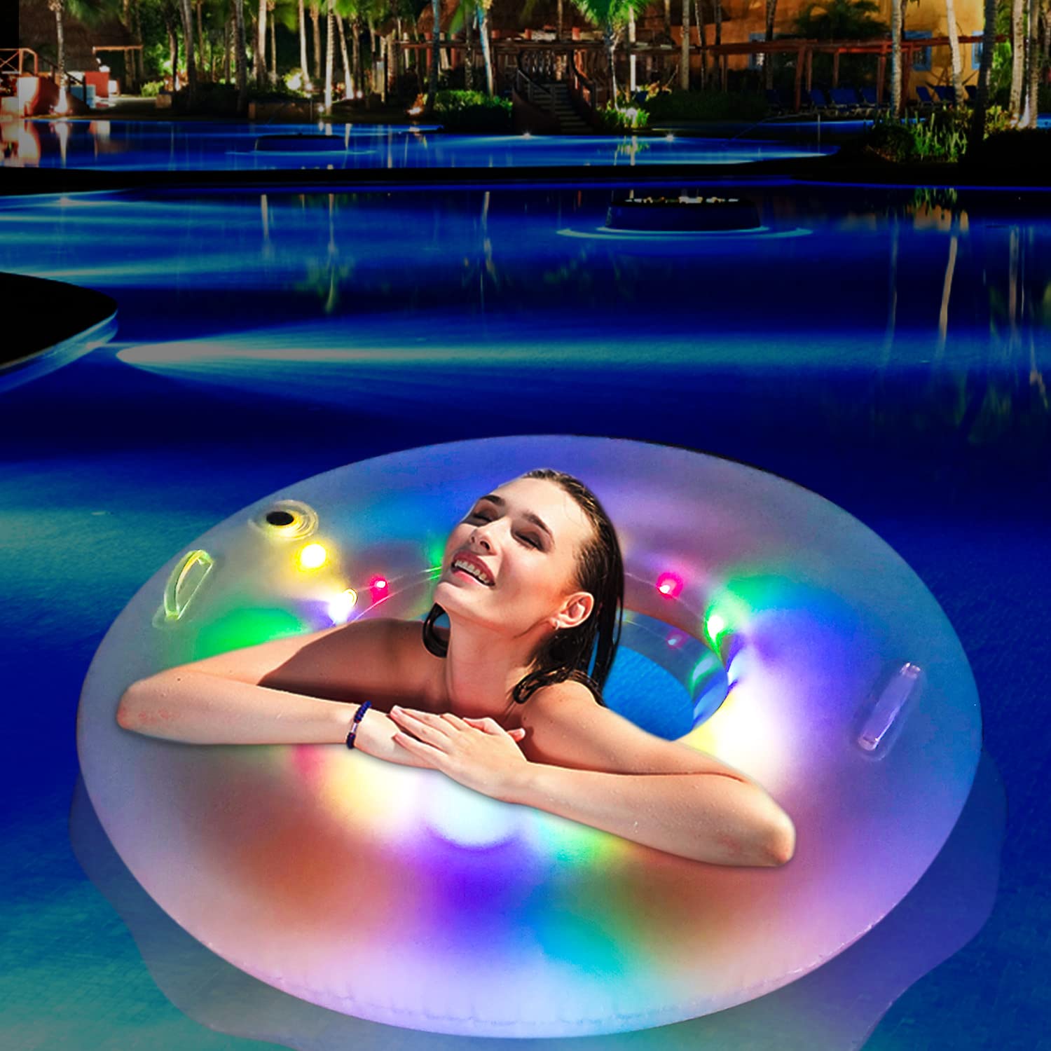 ZHUYNXIR LED Inflatable Pool Float for Adult, Adult Pool Float Tube, LED Pool Swim Ring, Water Fun Large Blow Up Summer Beach Swimming Raft (Dia: 105cm)