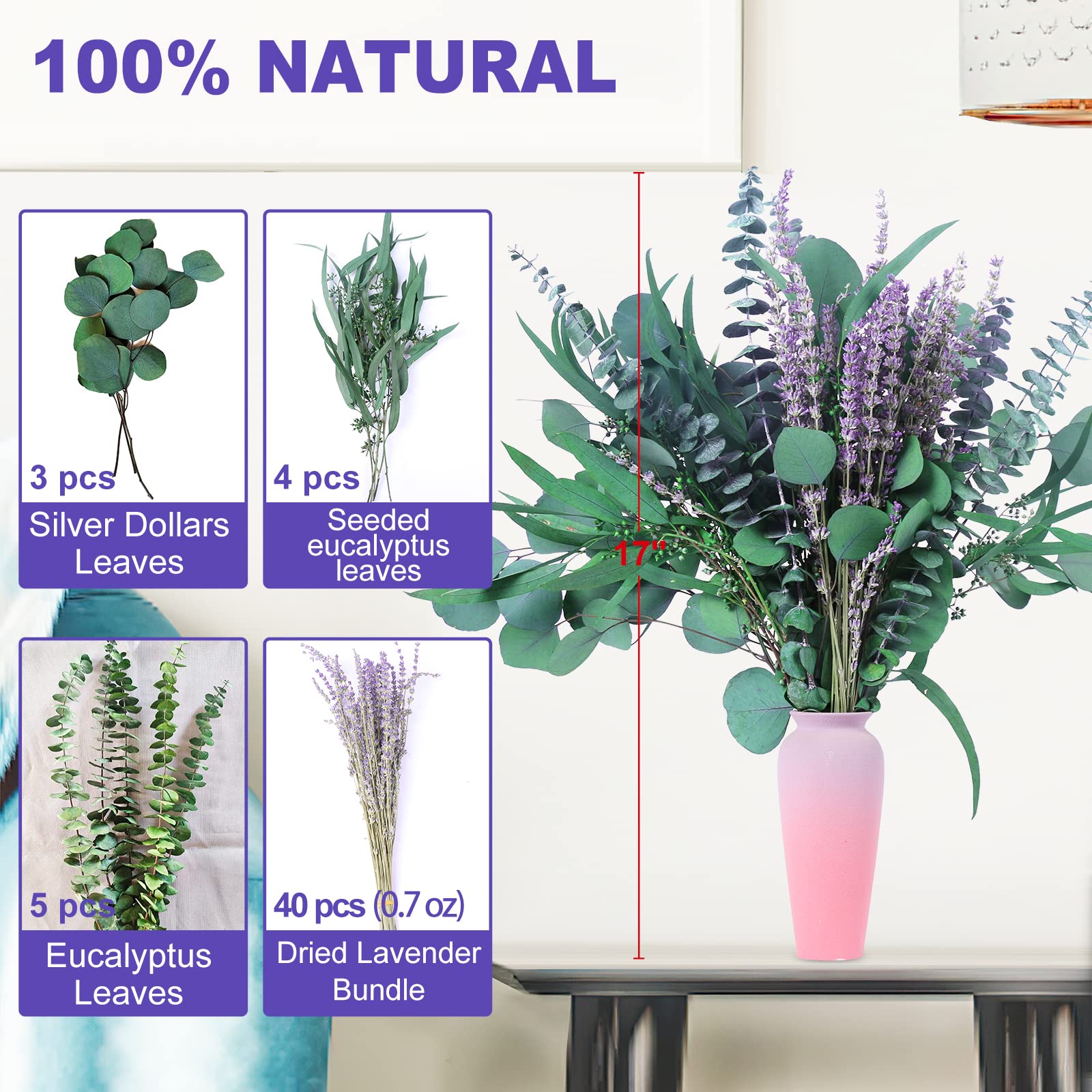 52 PCS Mix Dried Eucalyptus & Lavender Flowers Bundles for Shower, 17'' Natural Real Hanging Silver Dollar Eucalyptus Leaves Stems, Fragrance Fresh Plants Home Bathroom Decor (52pcs)