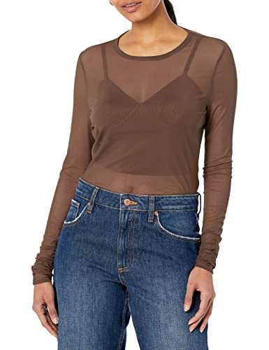 The Drop Women's Zander Mesh Long Sleeve Blouse, Coffee Bean, XXL, Plus Size