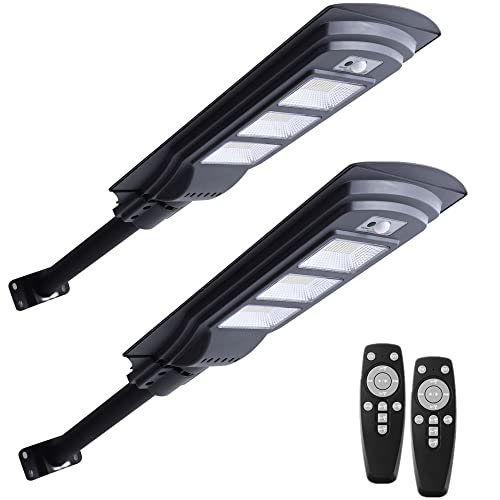 ILLSTAR Solar Street Lights Outdoor - Solar Street Light Dusk to Dawn 300W Equivalent - Motion Sensor & Remote Control - Solar Street Light for Parking Lot,Backyard, Pathway etc.(2-Pack