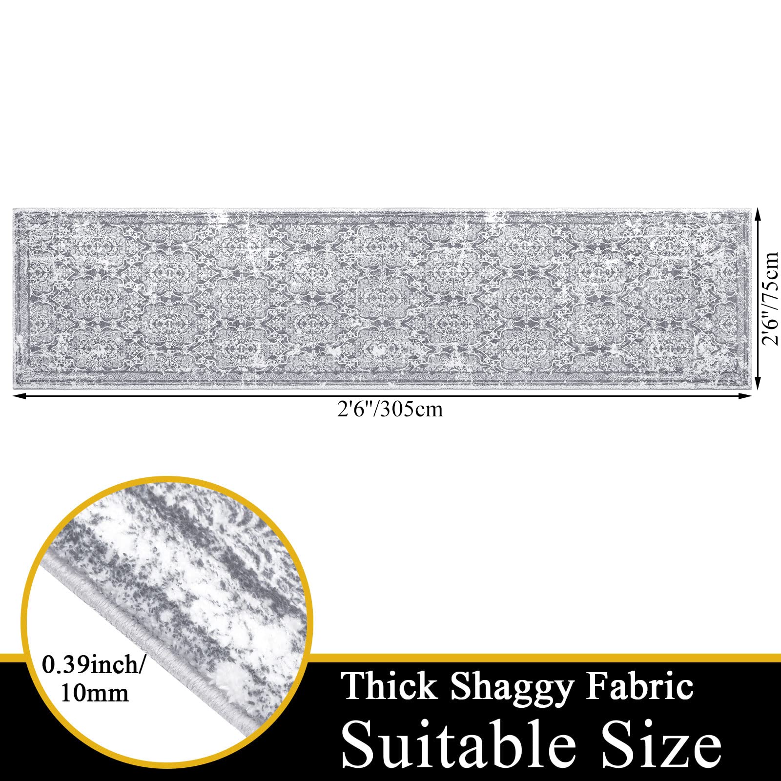 Vaukki Hallway Runner Rug, Vintage Shaggy Soft Laundry Rug Runner, Non Slip Entryway Runner Mat, Washable Farmhouse Kitchen Area Carpet for Bathroom, Entryway and Bedroom (2'6'' X 10', Grey)