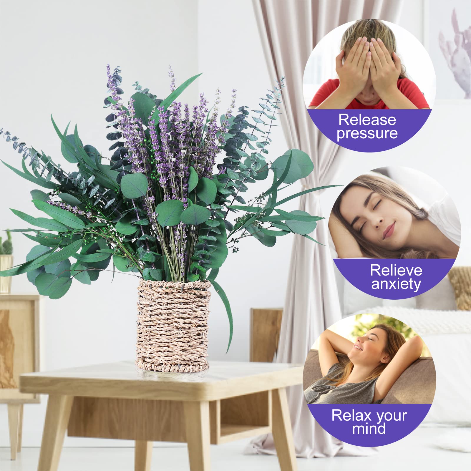 52 PCS Mix Dried Eucalyptus & Lavender Flowers Bundles for Shower, 17'' Natural Real Hanging Silver Dollar Eucalyptus Leaves Stems, Fragrance Fresh Plants Home Bathroom Decor (52pcs)