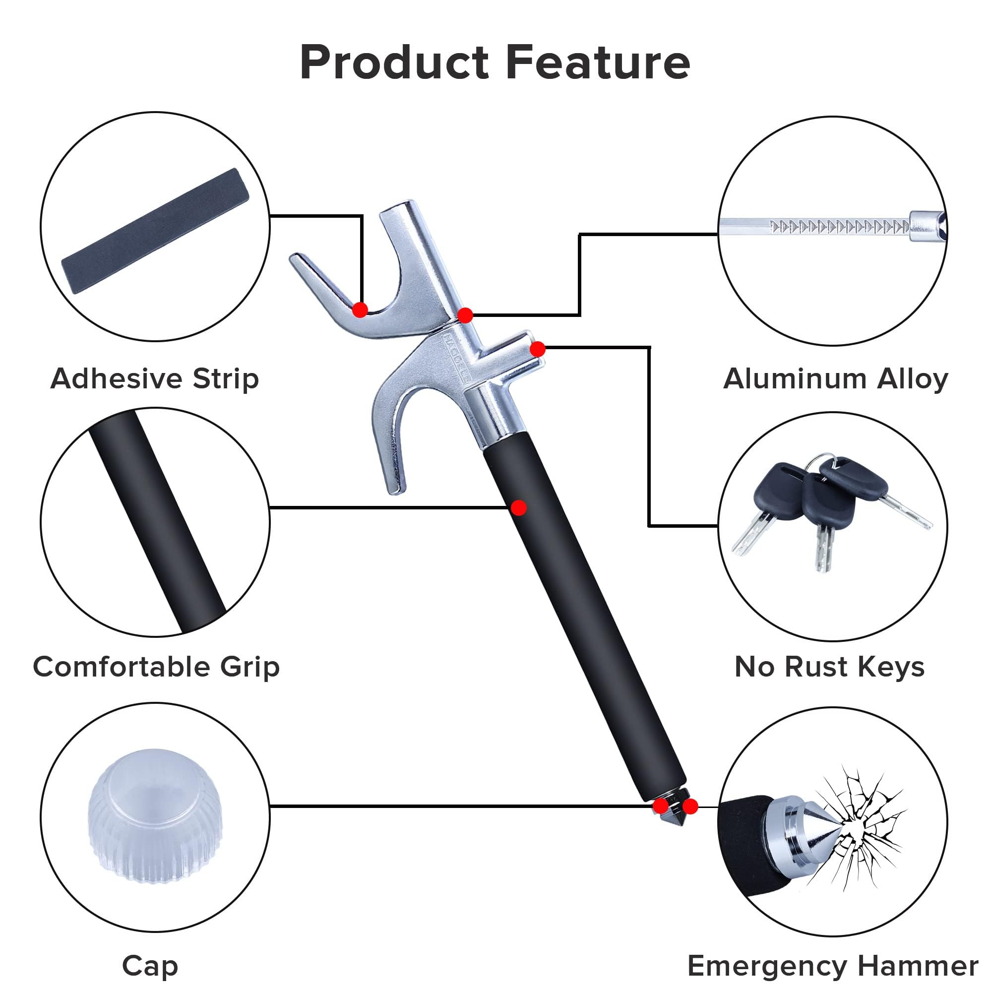 Anti Theft Steering Wheel Lock, Retractable Wheel Locks, Universal Adjustable Car Theft Prevention Device with 3 Keys and Safety Hammer Fit for All Type of Cars