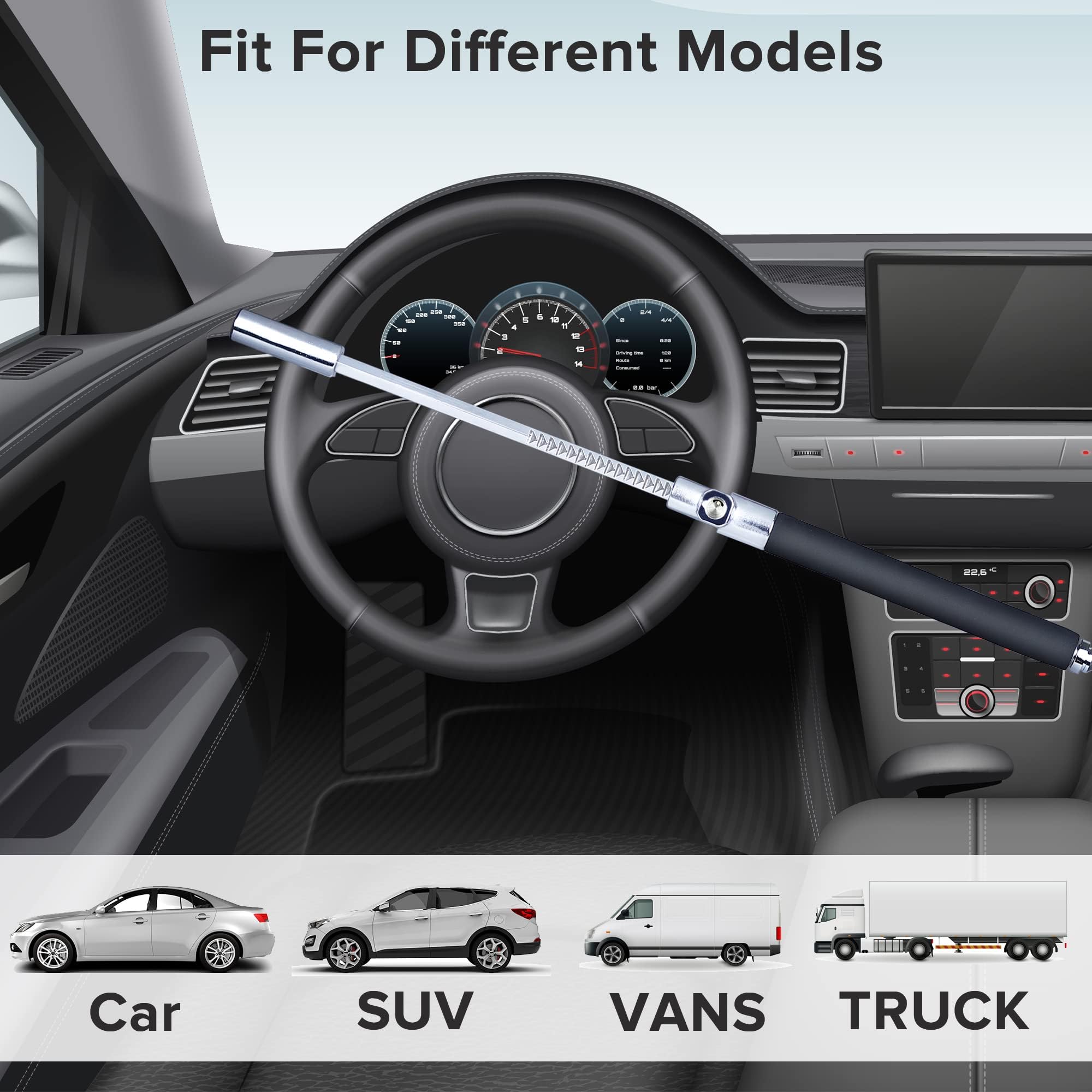 Anti Theft Steering Wheel Lock, Retractable Wheel Locks, Universal Adjustable Car Theft Prevention Device with 3 Keys and Safety Hammer Fit for All Type of Cars