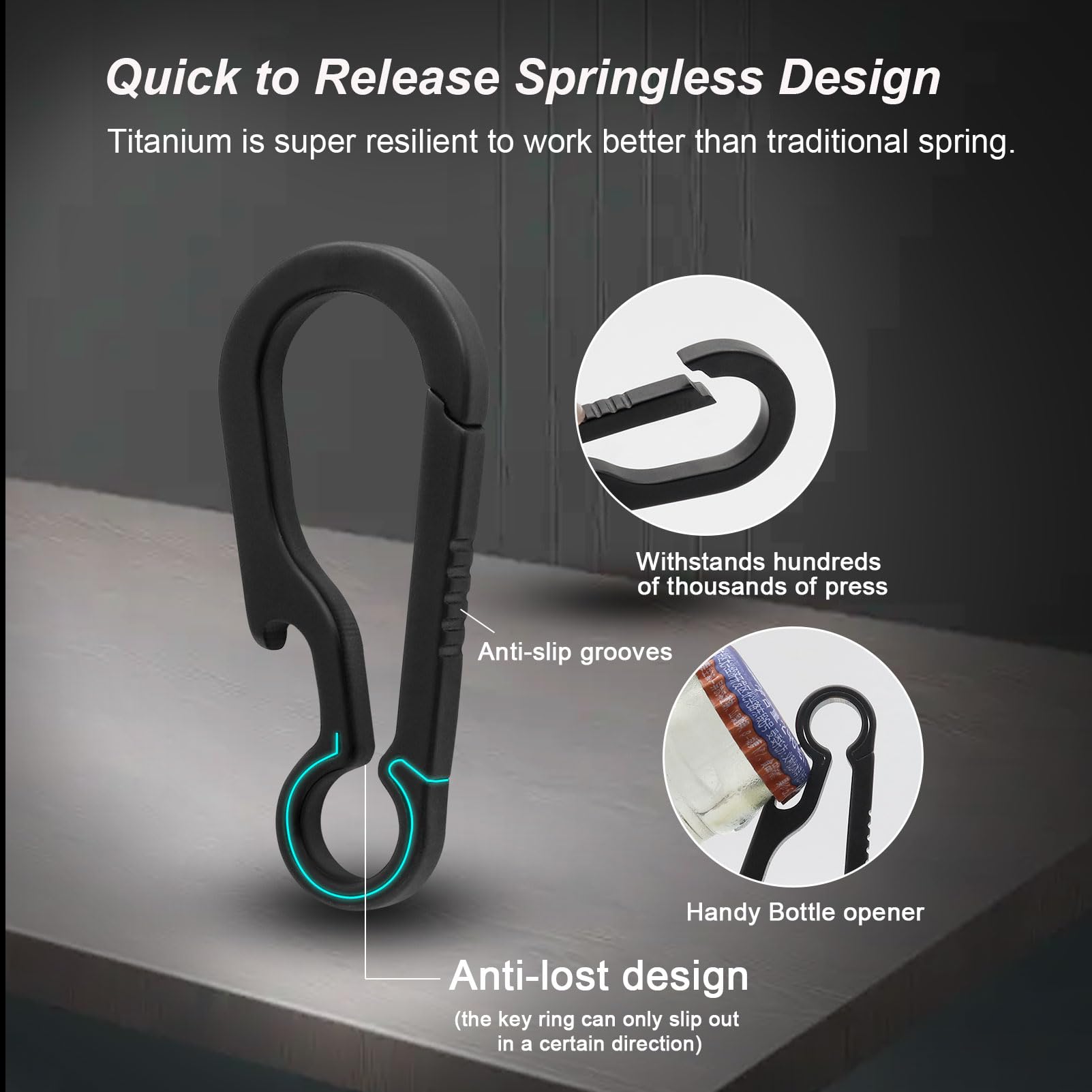 PJYTAC Black Titanium Carabiner for Keys Small Keychain Quick Release Key Clip with Bottle Opener Holder for Men and Women Gifts for Him