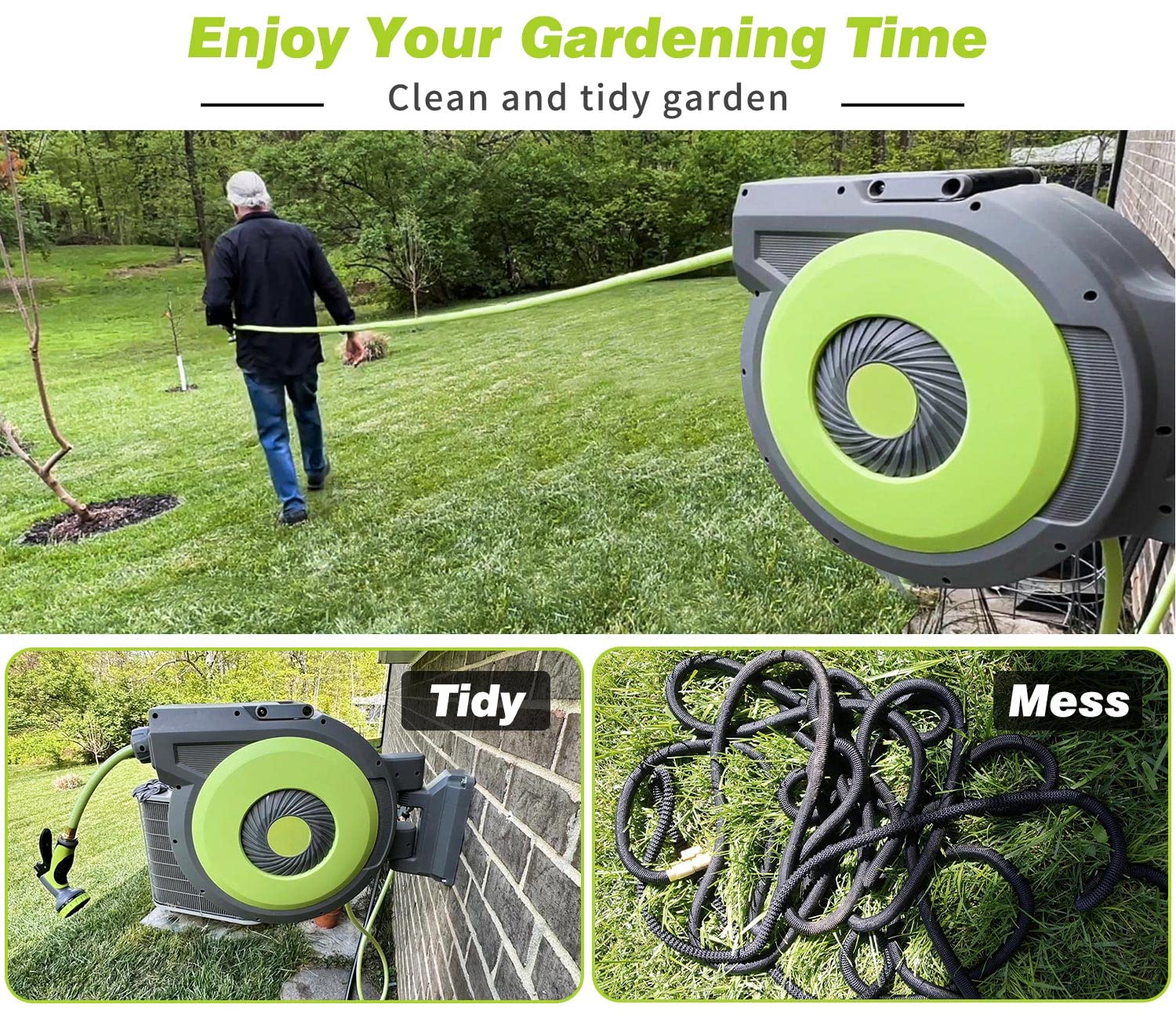 REDUCTUS 5/8" x 85 ft Retractable Garden Hose Reel, Wall Mount Retractable Water Hose with 10 Pattern Hose Nozzle, Any Length Lock/180° Swivel Automatic Hose Reels for Outside Garden Watering