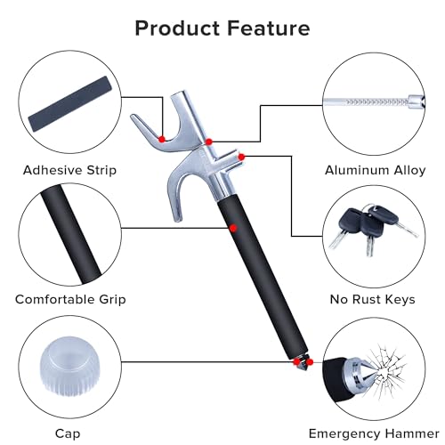 Anti Theft Steering Wheel Lock, Retractable Wheel Locks, Universal Adjustable Car Theft Prevention Device with 3 Keys and Safety Hammer Fit for All Type of Cars
