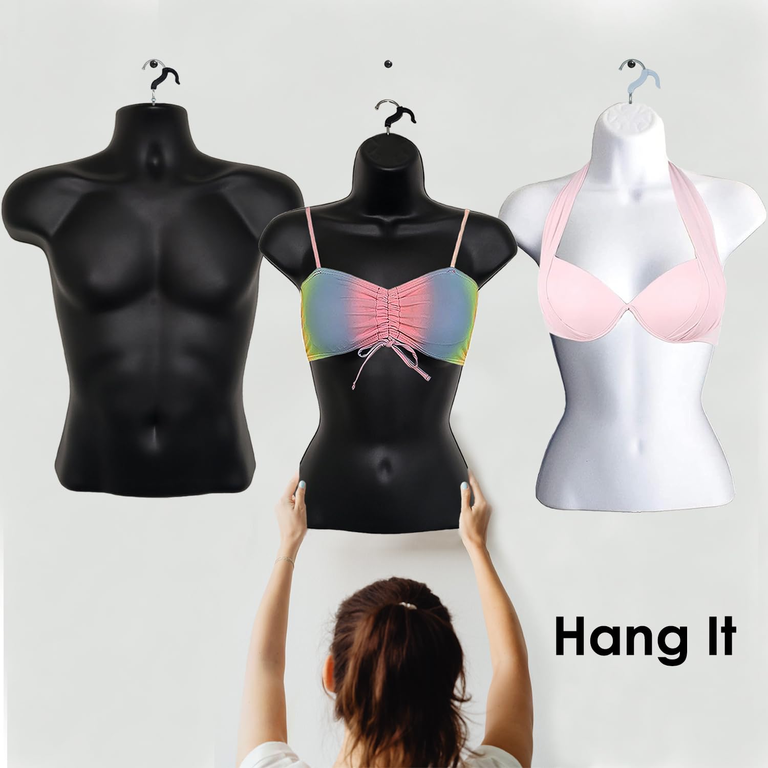 DisplayTown 2 Black Male Mannequin Hollow Back Body Torso Set w/ Clothes Clips, Metal Stands and Metal Poles & Hanging Hooks, S-M Sizes