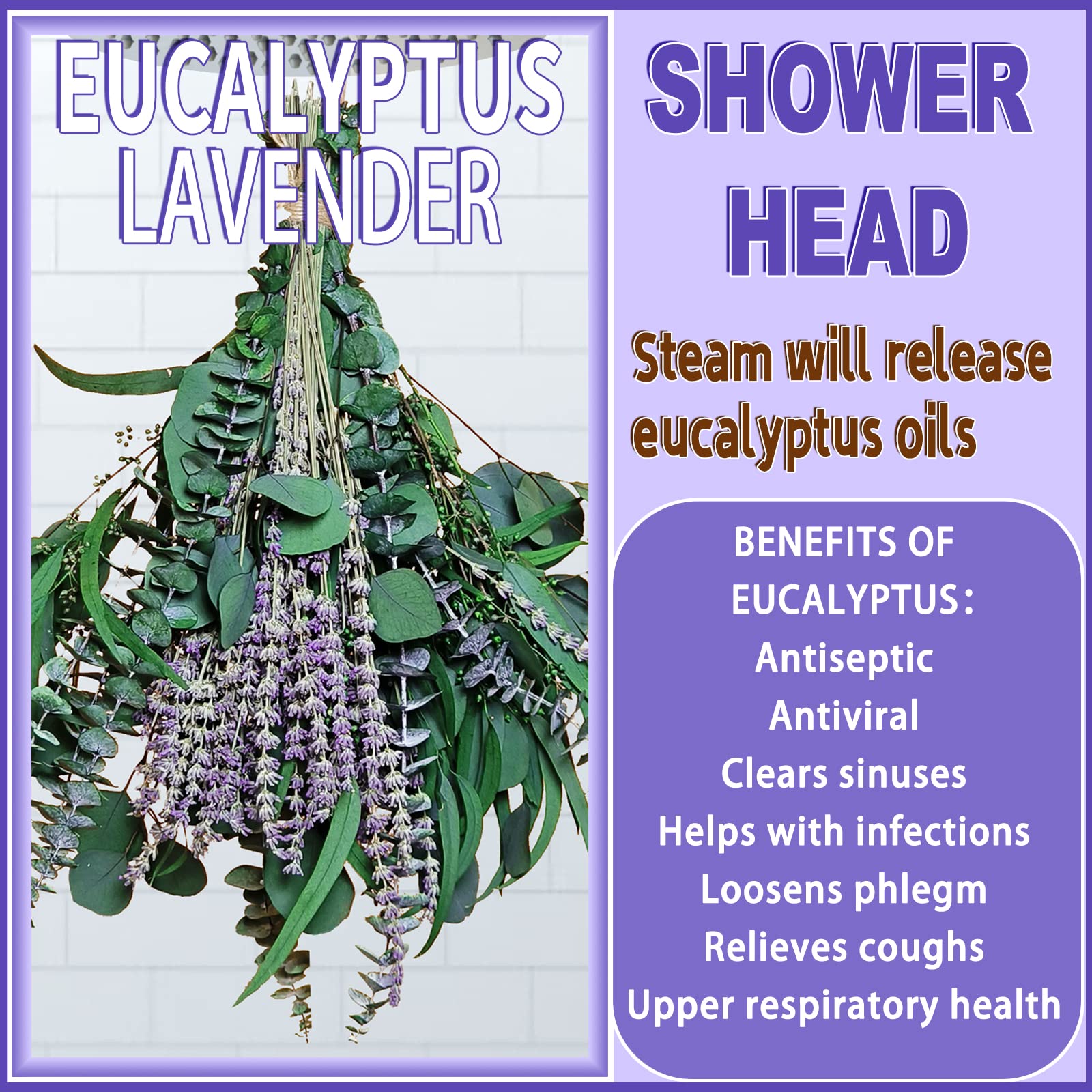 52 PCS Mix Dried Eucalyptus & Lavender Flowers Bundles for Shower, 17'' Natural Real Hanging Silver Dollar Eucalyptus Leaves Stems, Fragrance Fresh Plants Home Bathroom Decor (52pcs)