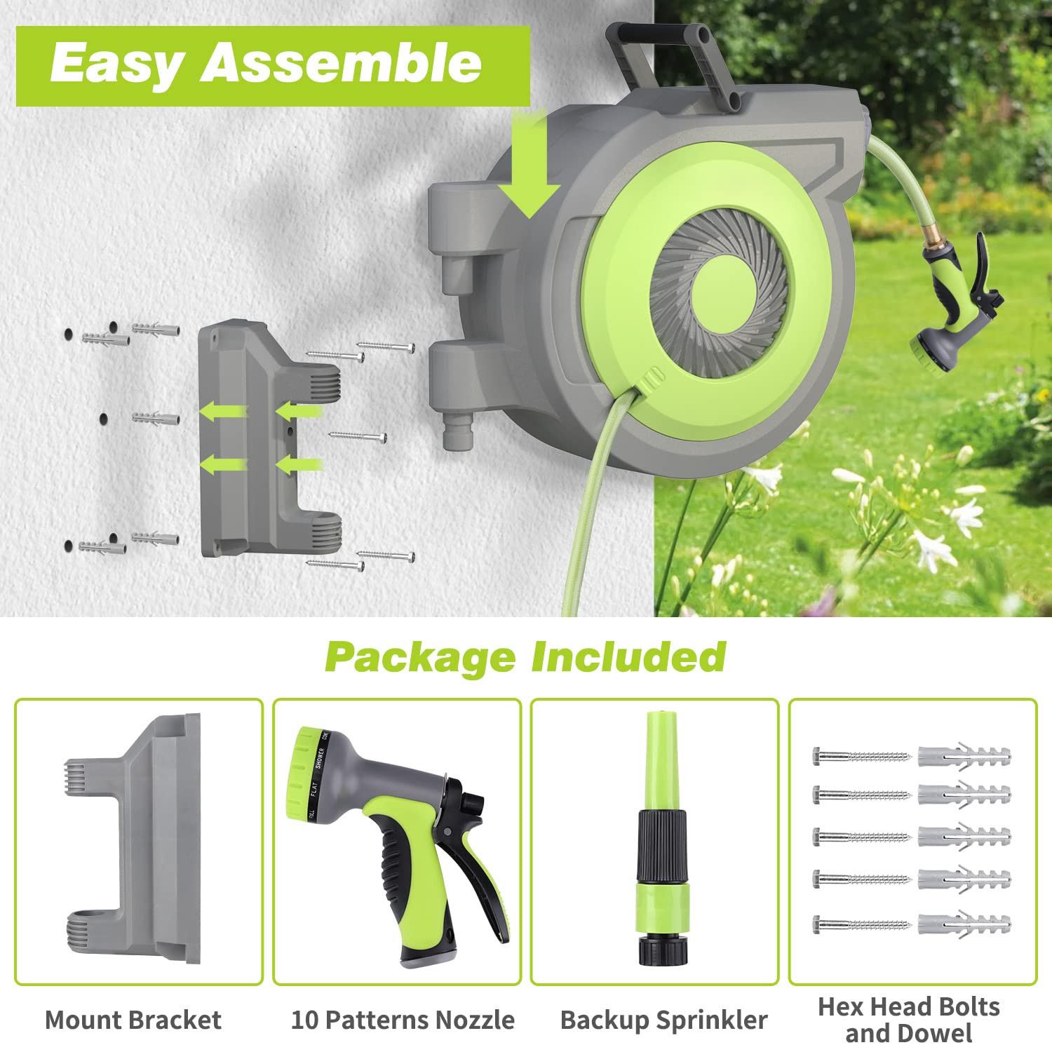 REDUCTUS 5/8" x 85 ft Retractable Garden Hose Reel, Wall Mount Retractable Water Hose with 10 Pattern Hose Nozzle, Any Length Lock/180° Swivel Automatic Hose Reels for Outside Garden Watering