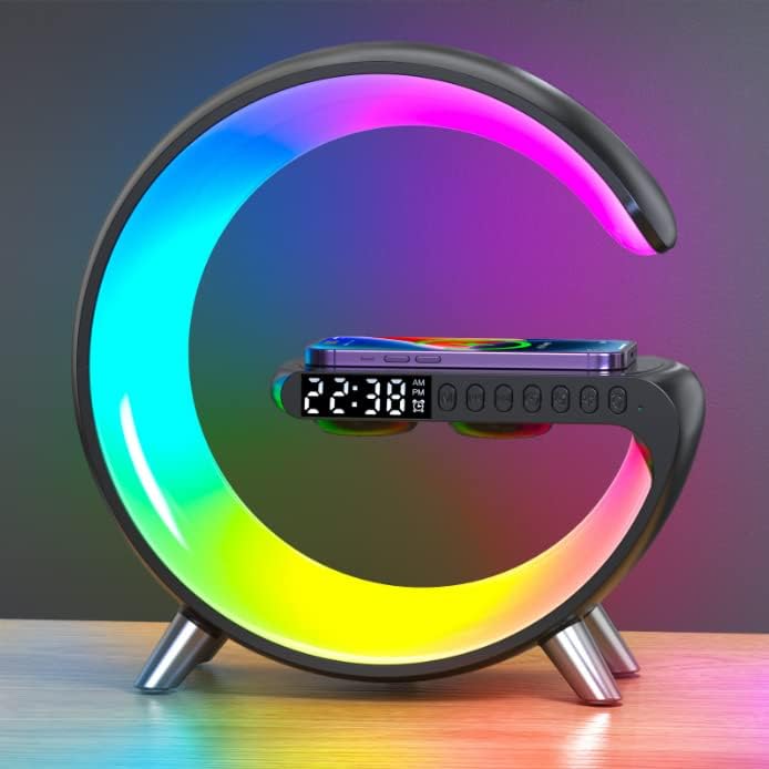 Wireless Charger Atmosphere Lamp, 2025 New Intelligent LED Table Lamp, Bluetooth Speaker, Dimmable Night Light Bedside Lamp Alarm Clock with Music Sync, App Control for Bedroom Home Decor Gift (Black)