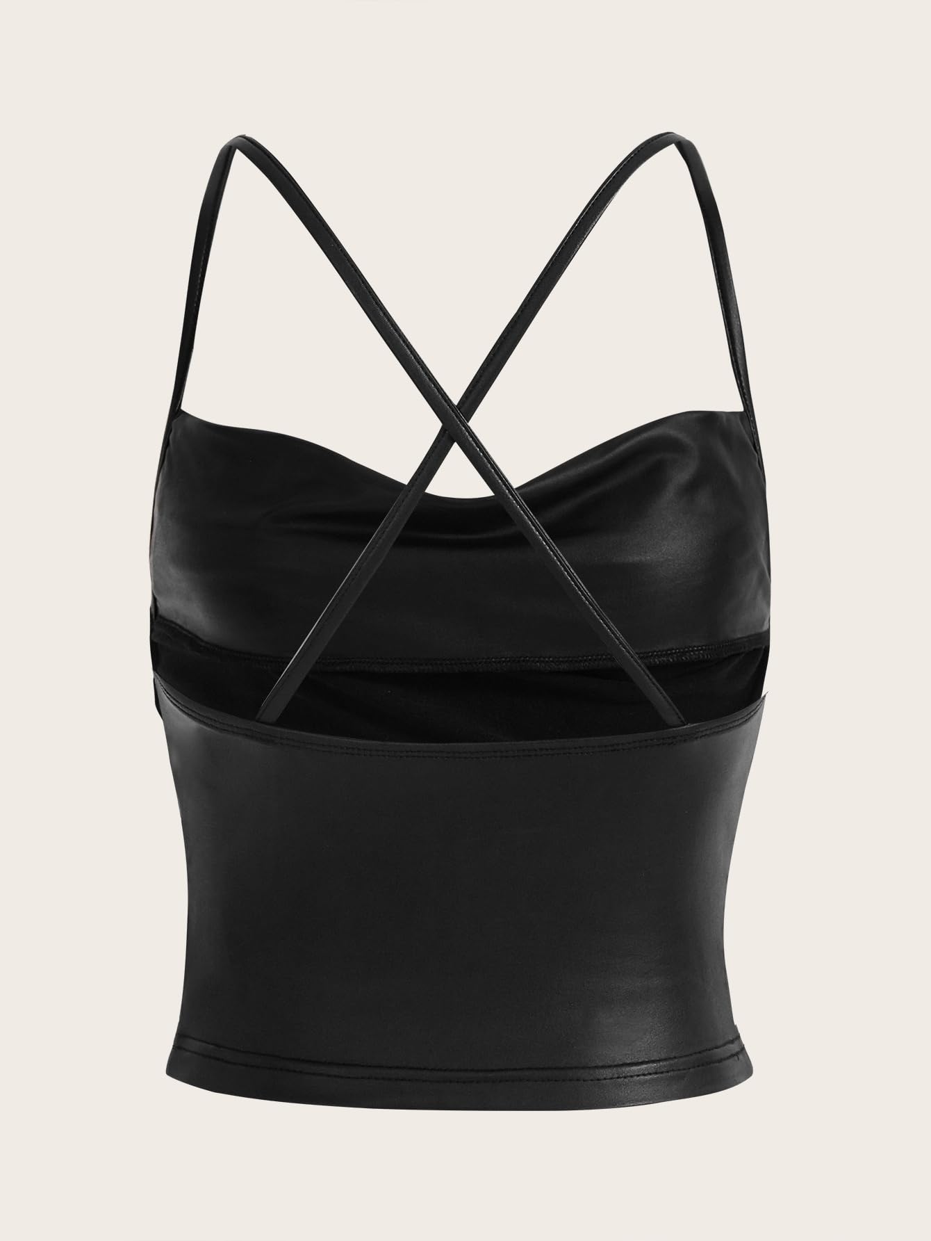 Floerns Women's PU Leather Crisscross Backless Cowl Neck Draped Crop Cami Top Black L